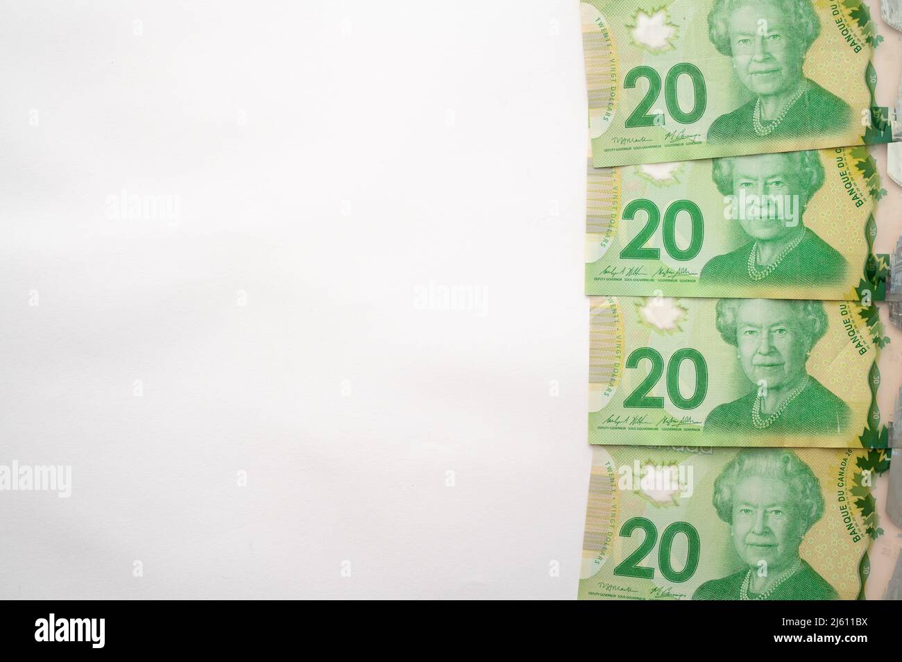 Calgary, Alberta - April 24, 2022: Canadian currency with copy space on ...