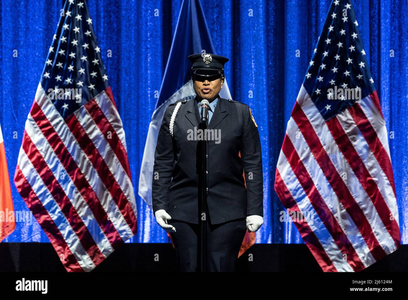 New York, NY - April 26, 2022: Firefighter Regina Wilson sings Lift ...