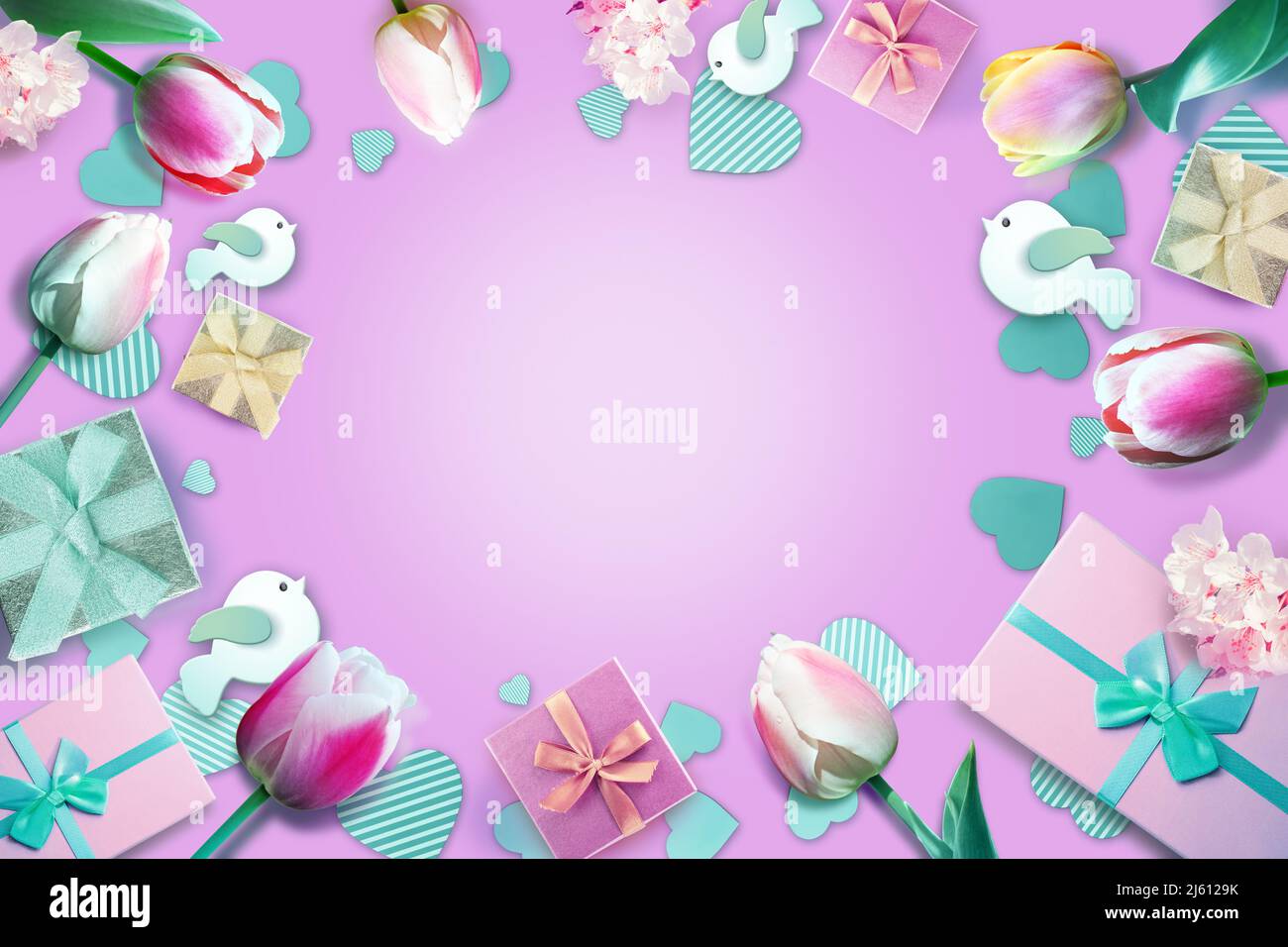 Creative layout with flowers and gifts. Spring minimal concept. Nature ...