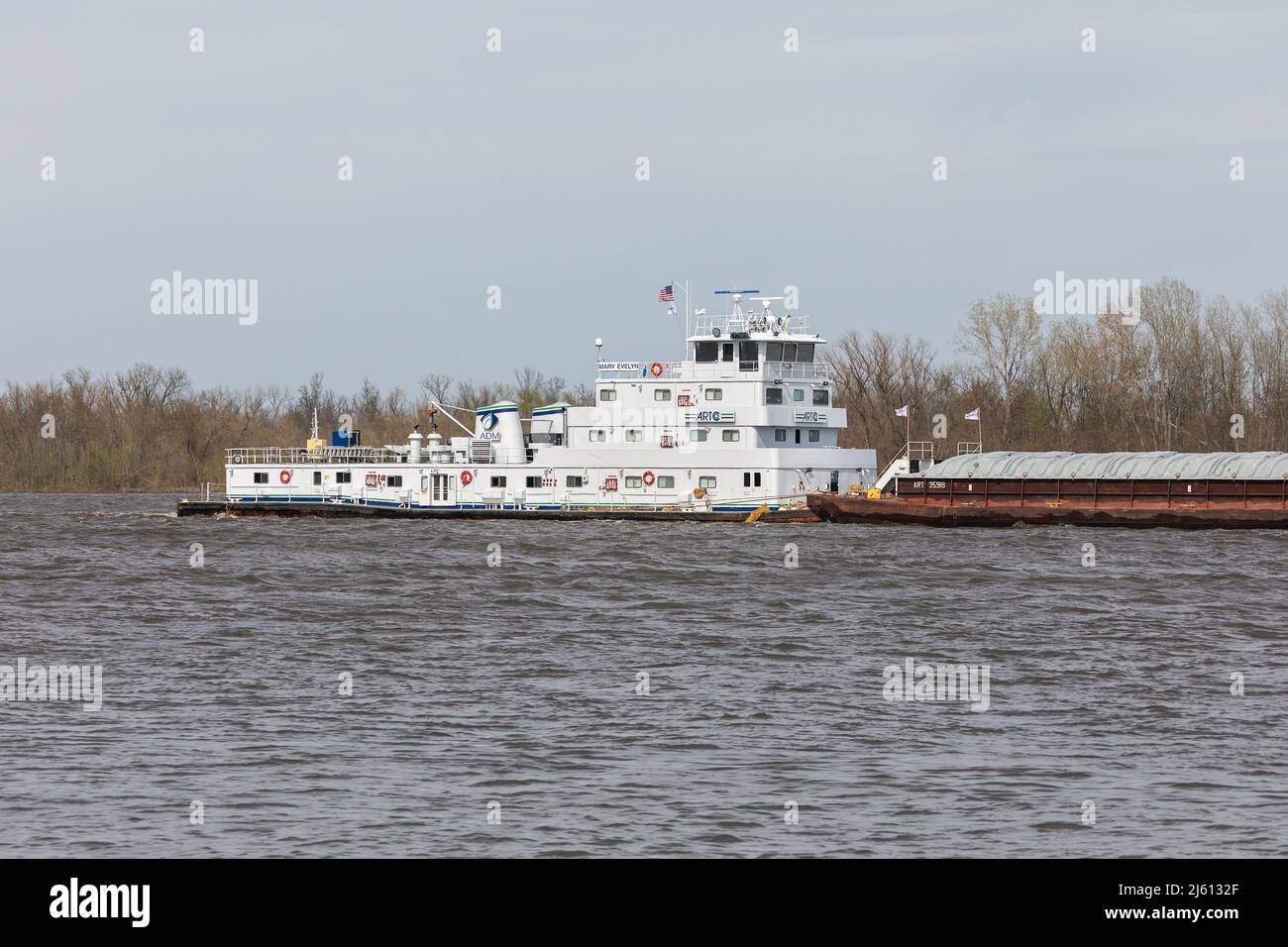 The barge tug Mary Evelyn passing Sullivan Slough in Des Moines County ...