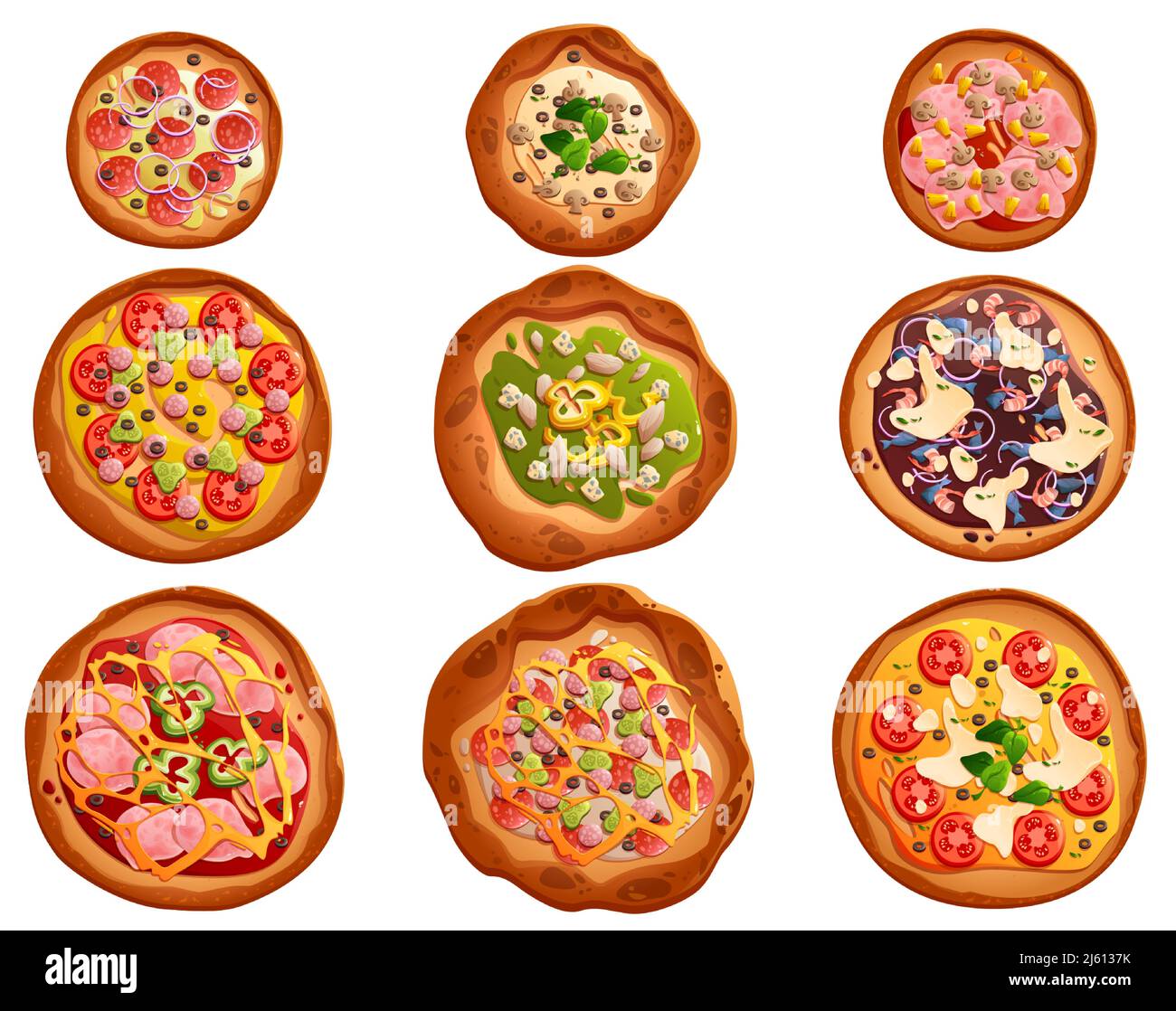 Set of pizza with different toppings on round base. Pepperoni, mushroom ...