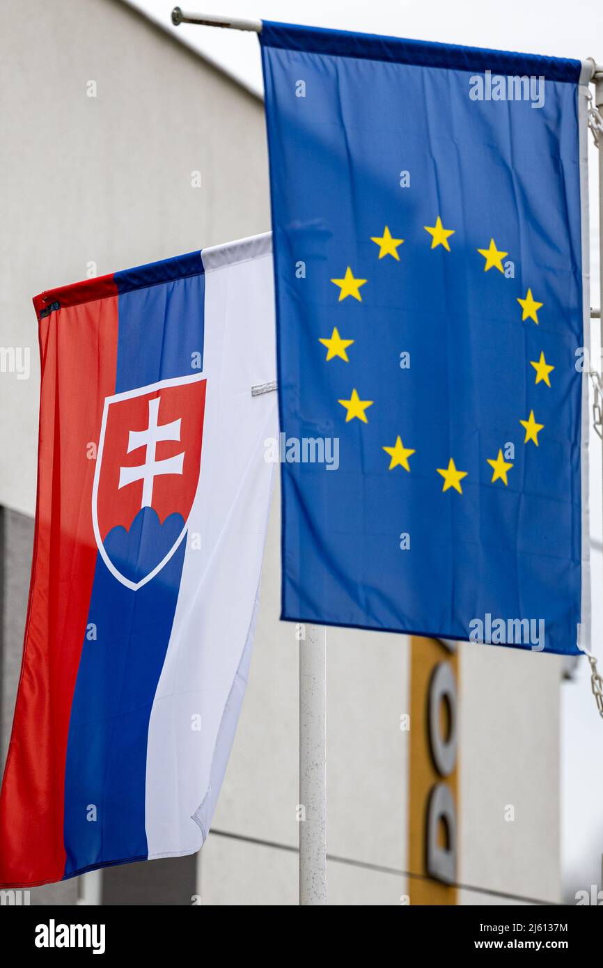 Closeup of the flags of the Slovak Republic and the European Union ...