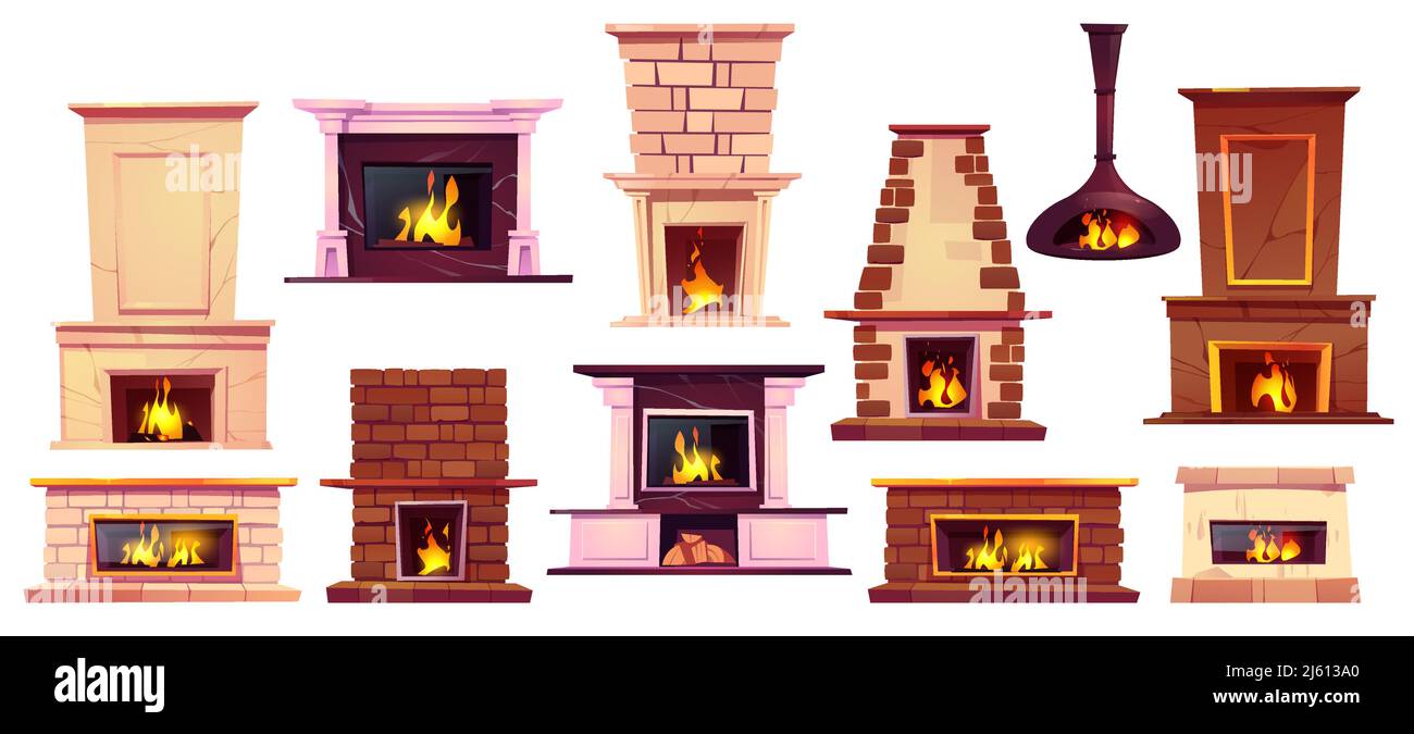 Fireplaces with burning fire isolated on white background. Vector ...