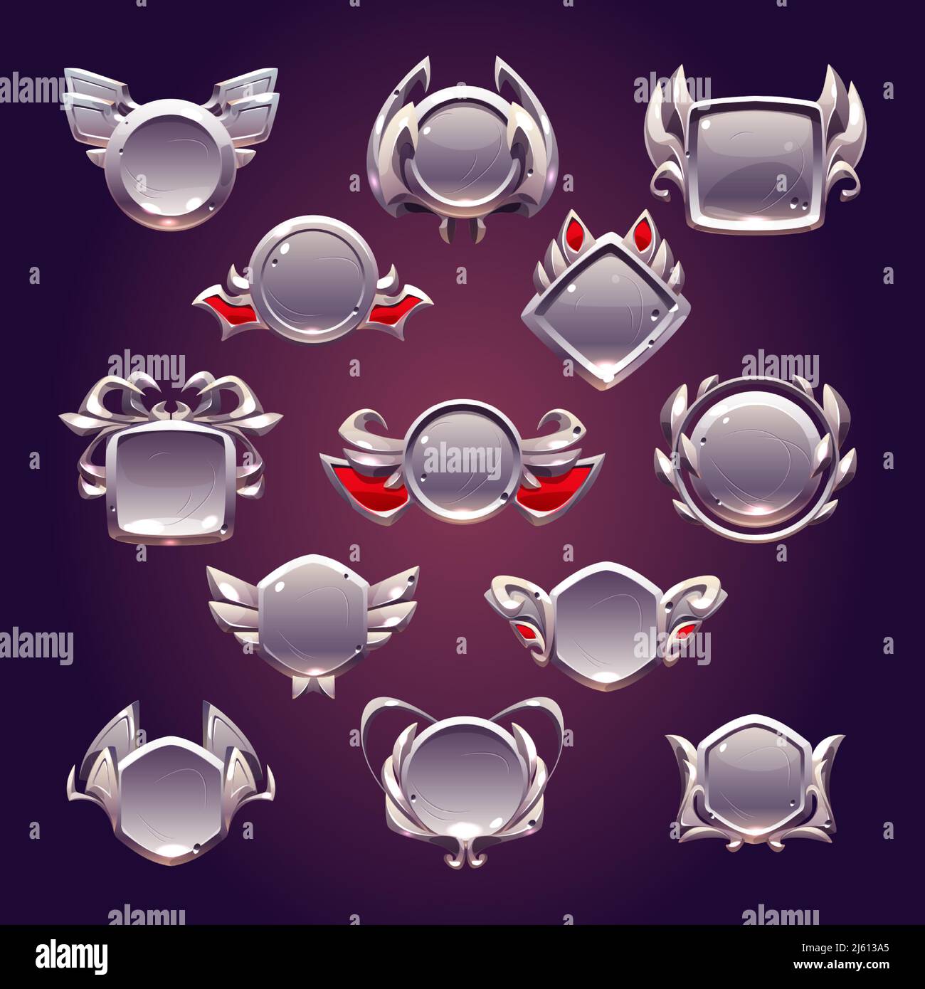 Game level metallic ui icons, empty silver or steel badges, banners ...