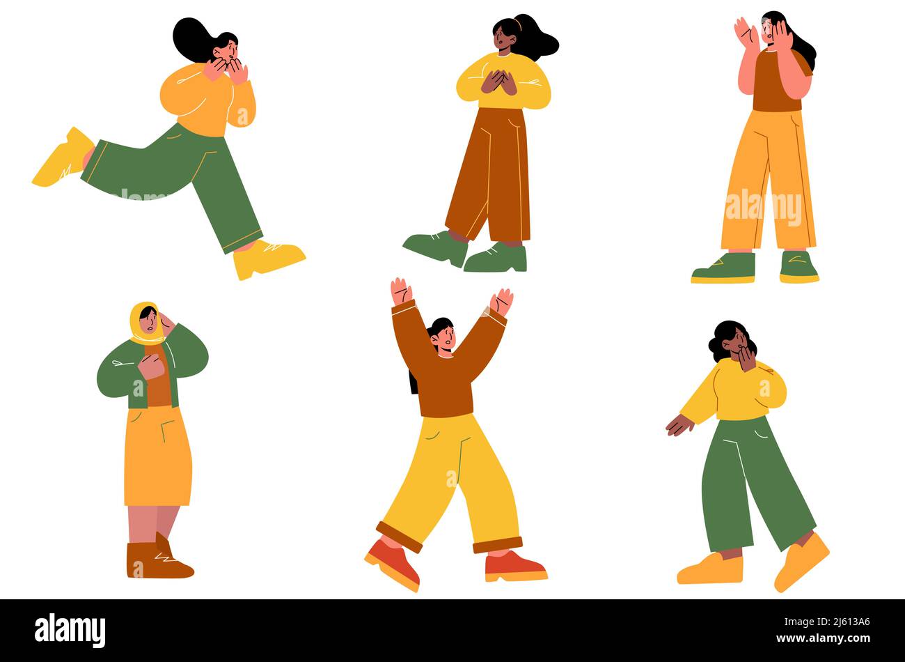 Frightened women, startled female characters scream, yell, escape ...