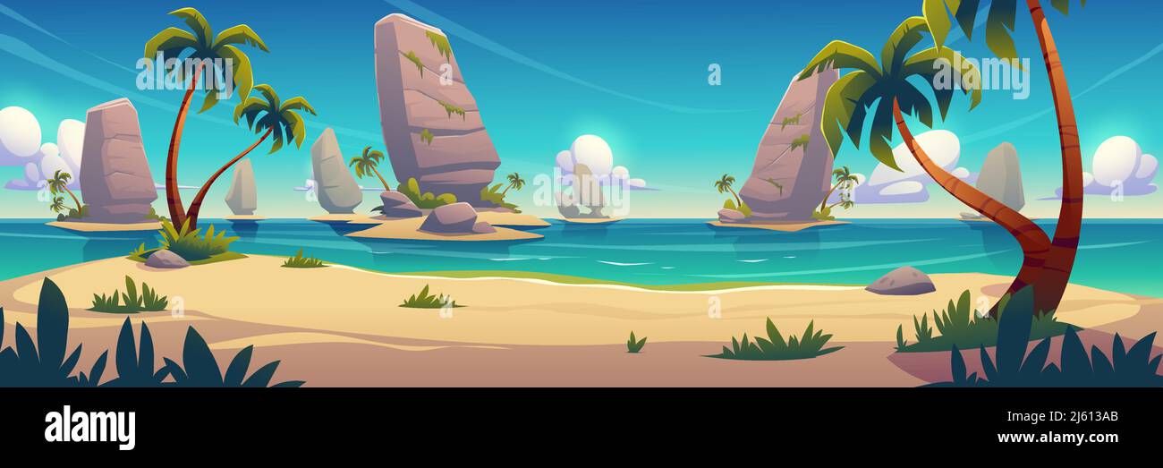Sand sea beach with palm trees and mountains in water. Vector cartoon ...