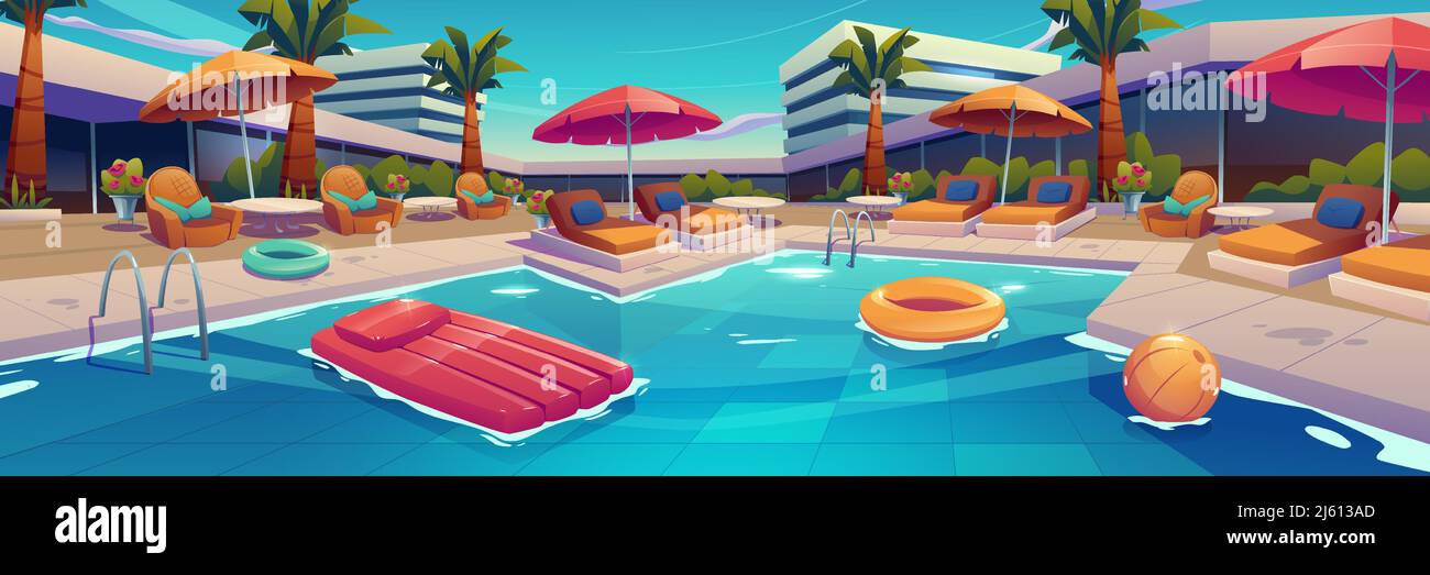 Outdoor swimming pool in hotel, empty poolside with chaise lounges ...