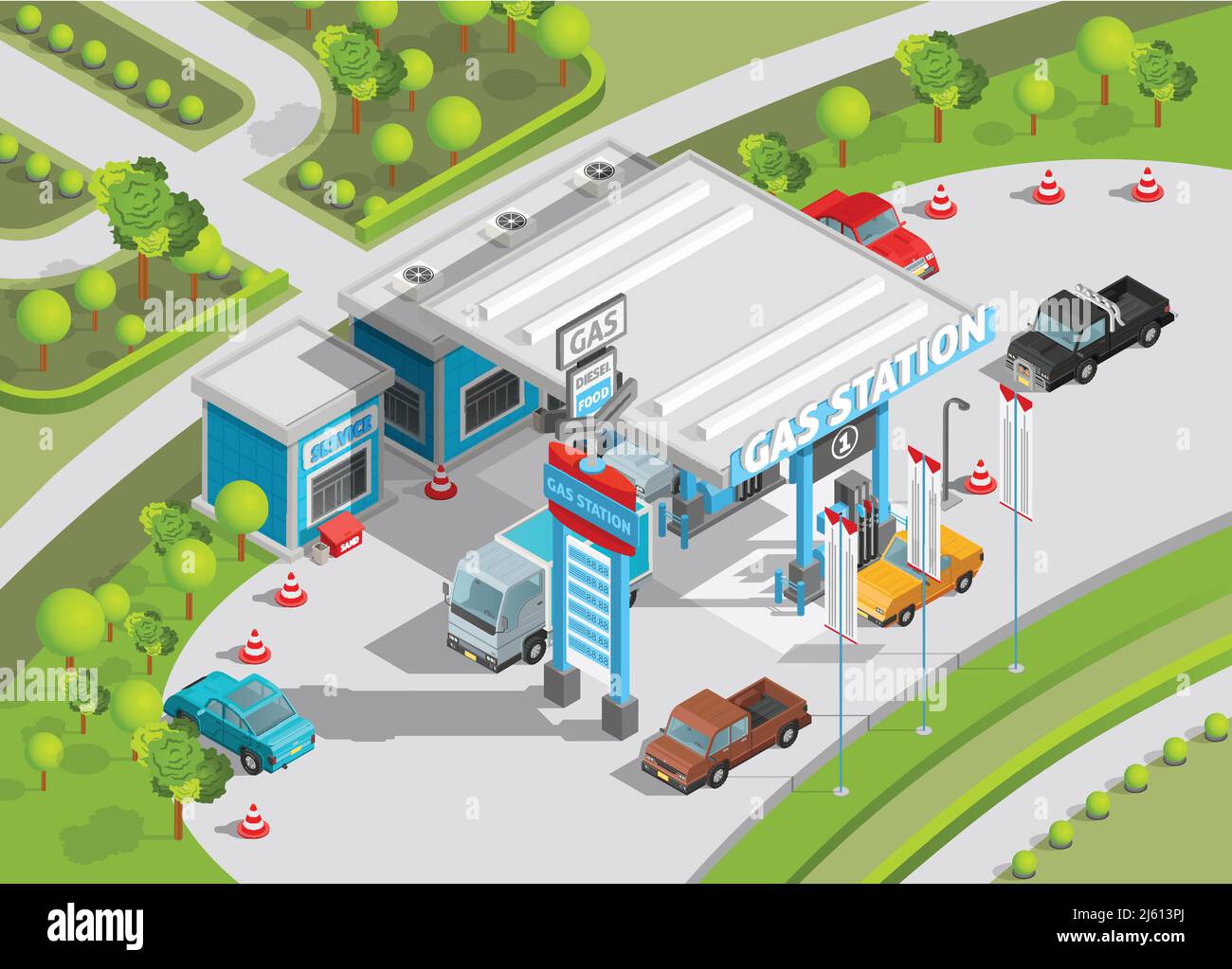 Isometric poster of gas station composition with gas and fuel refill ...