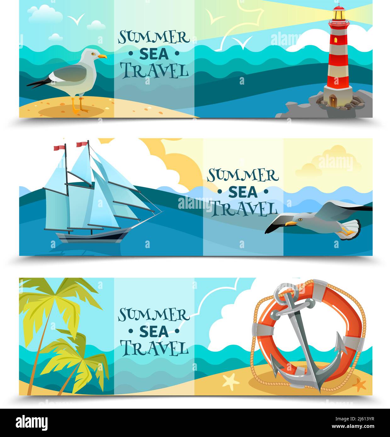 Nautical horizontal banners set of sea background with sailboat life ...