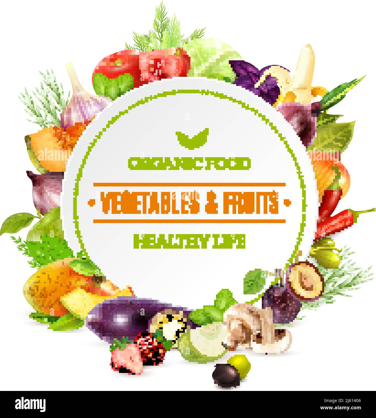 Natural organic food background with colorful bright frame contained ...