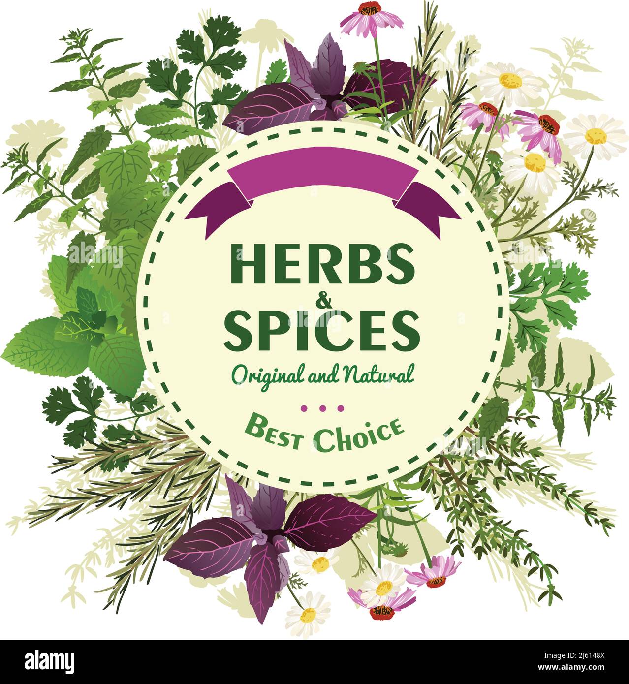 Organic emblem with herbs and spices and title on round background with ...