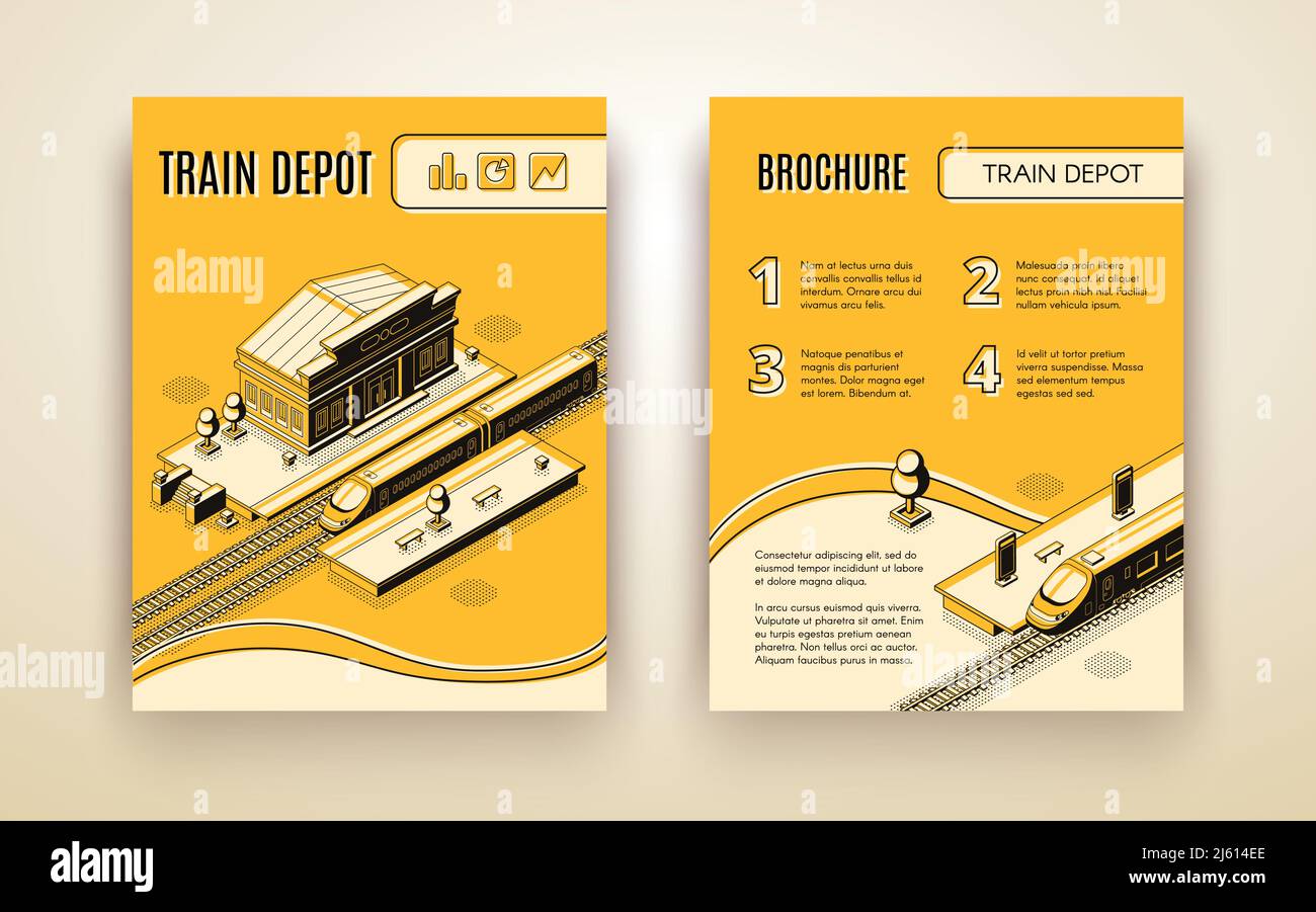 Railway company isometric vector promo brochure, touristic booklet page ...