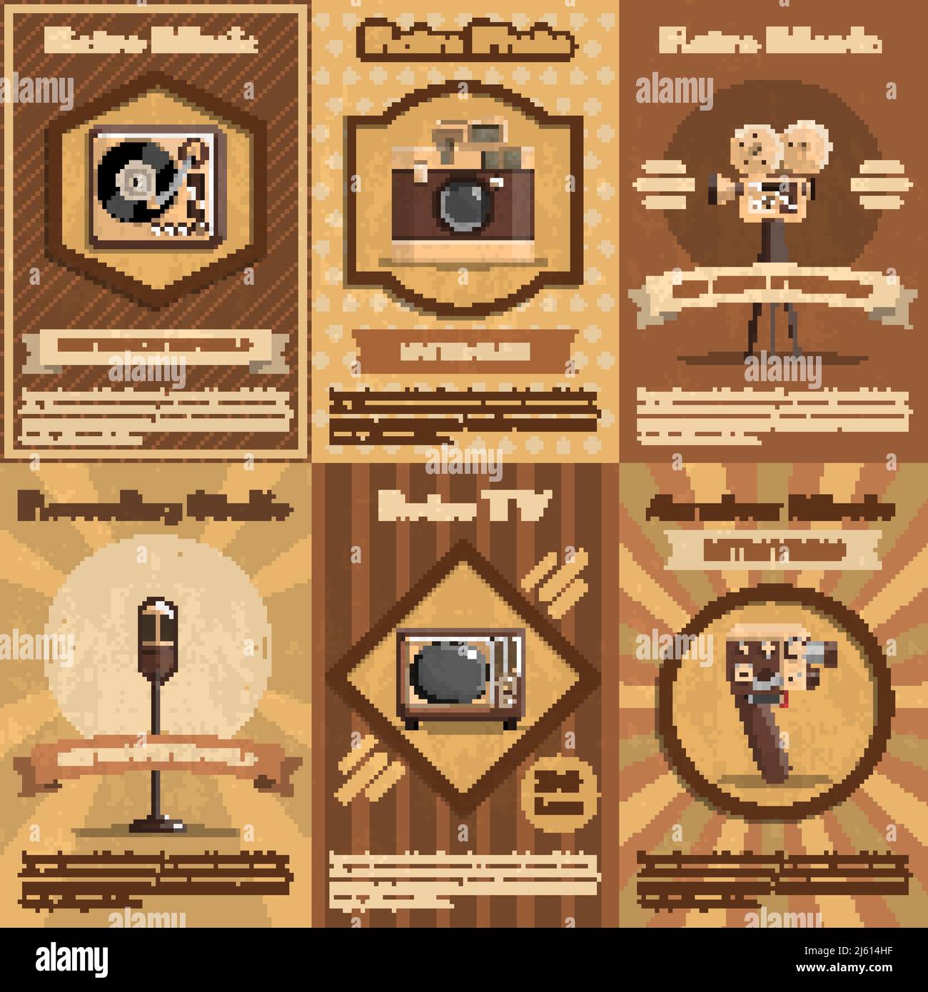 Retro poster set with vintage music radio and tv devices in brown tones ...