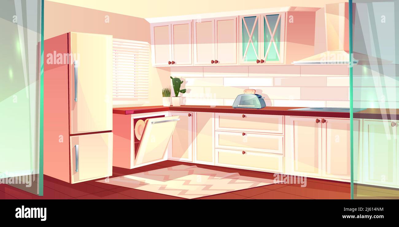 Vector cartoon illustration of bright kitchen in white color. Fridge ...
