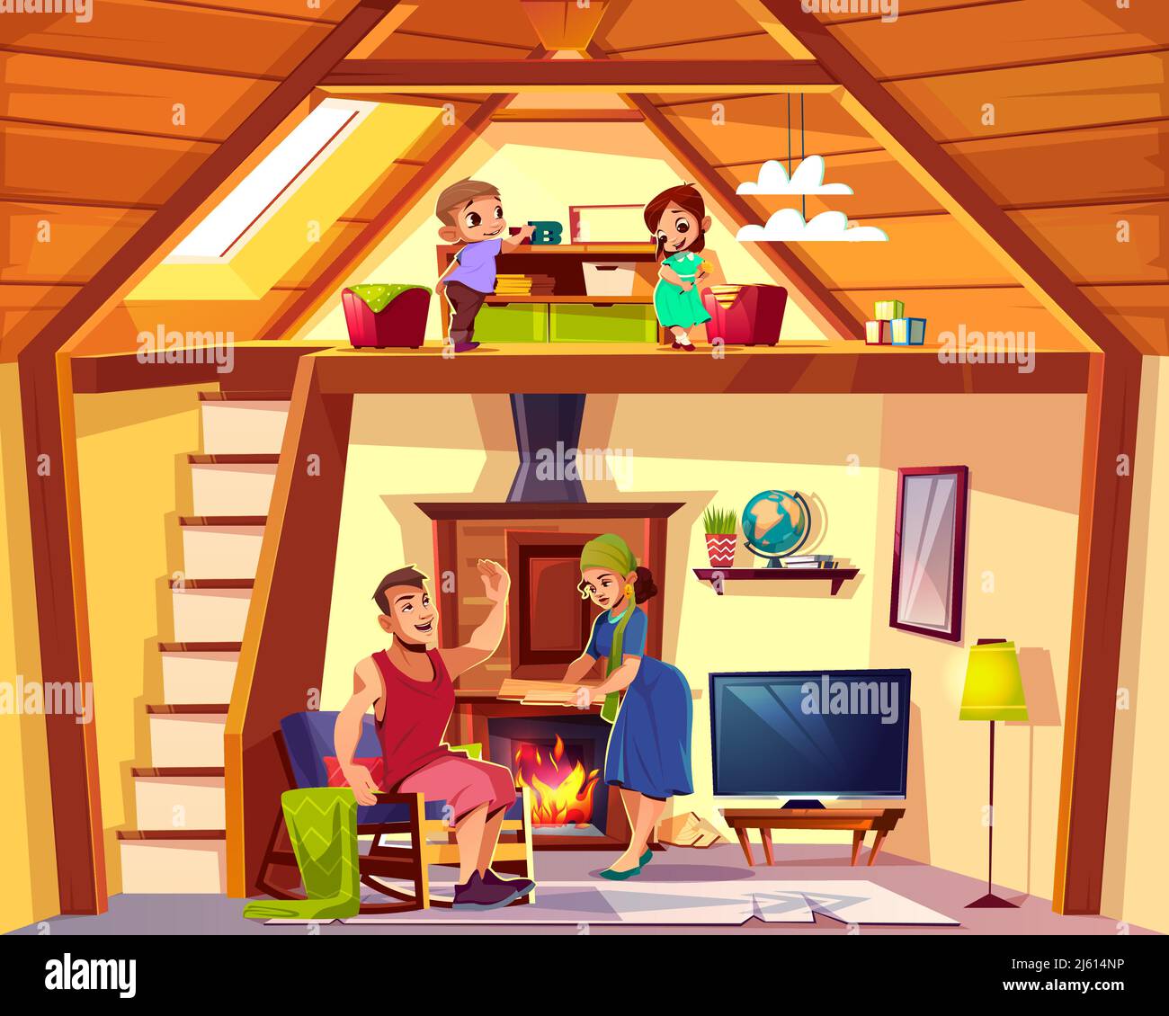 Vector cartoon interior of house with happy family, children play on ...