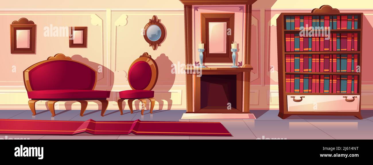 Vector cartoon illustration of luxury living room with fireplace. Rich ...