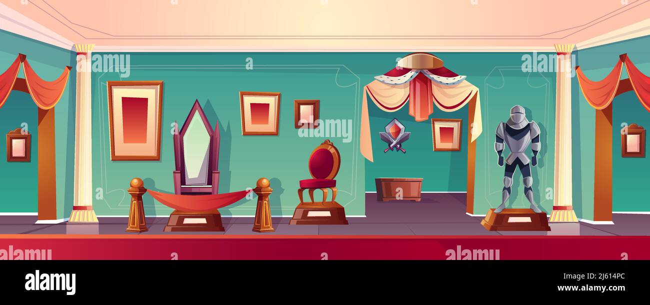 Vector castle museum hall with the throne, knight armor and chair ...