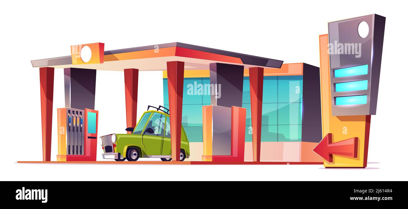 Vector cartoon gas station with a green car. Refueling vehicle, petrol ...