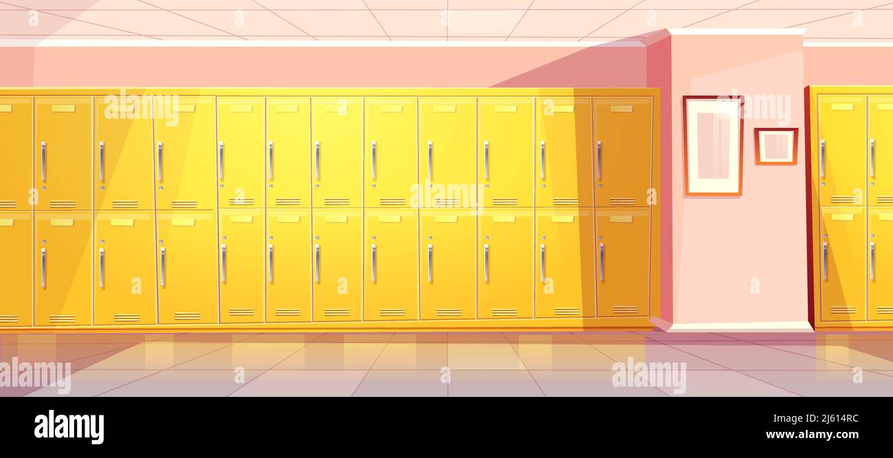 Vector cartoon school or college corridor with bright yellow lockers ...