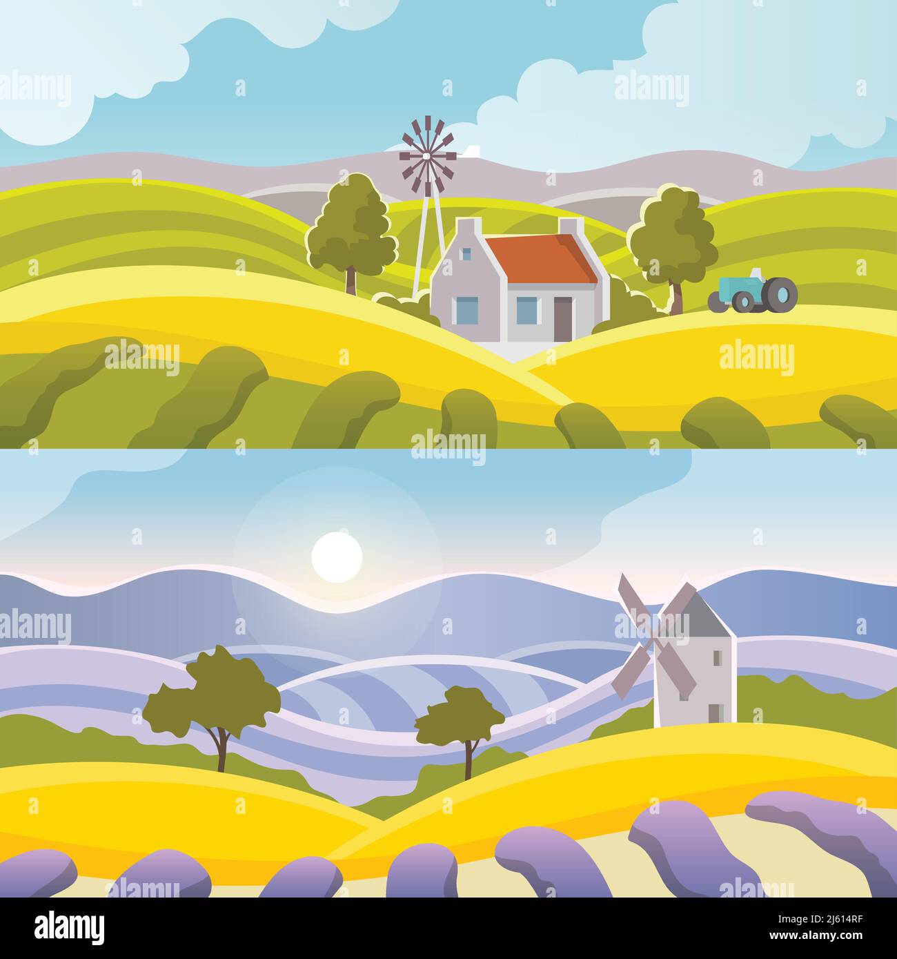 Rural landscape banner set with flat countryside elements isolated ...