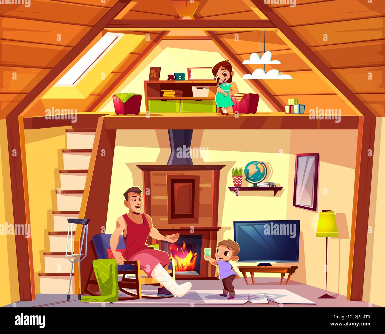 Vector cartoon interior of house with family. Disabled father with ...