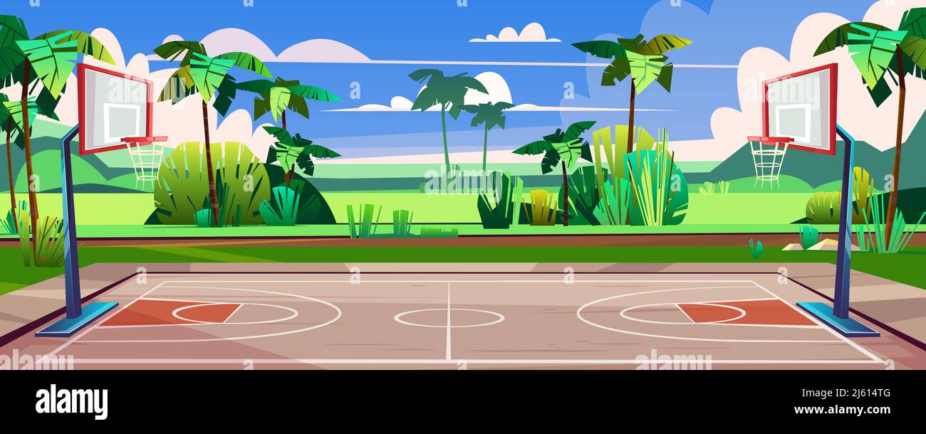 Vector cartoon background of basketball court on street. Green grass ...