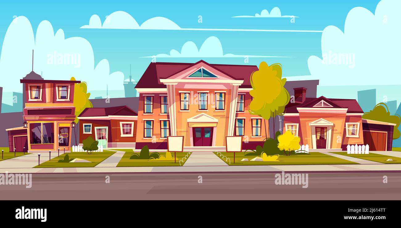 Vector rental of a house, estate. Cartoon illustration of cottage rent ...