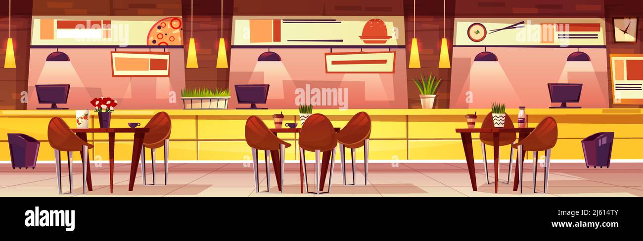 Vector horizontal illustration with cafe. Cartoon cozy interior with ...