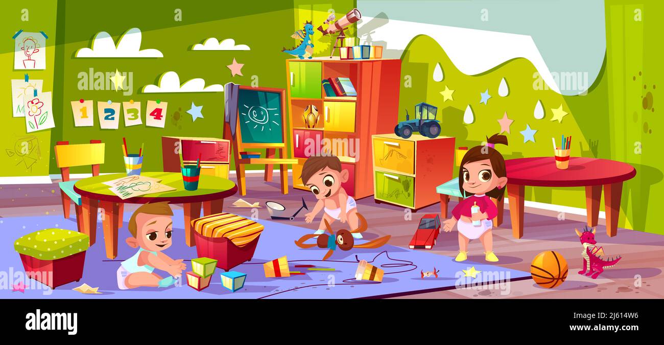 Vector cartoon kindergarten - boys and girl playing together. Children ...