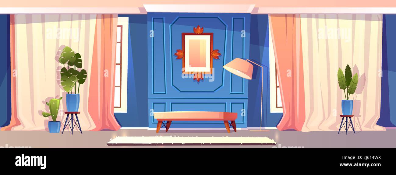 Vector cartoon illustration of luxury living room in blue colors ...