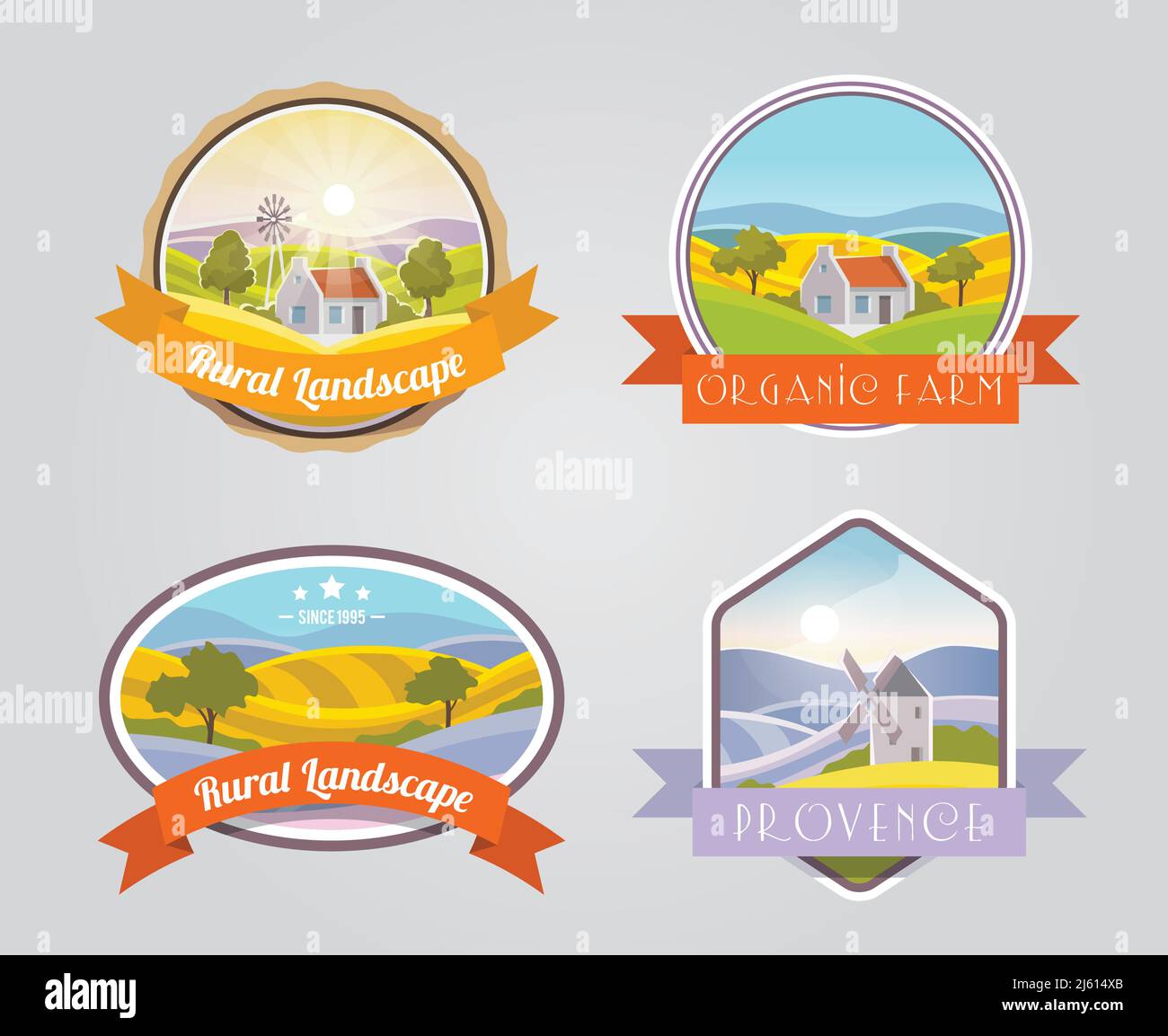 Rural landscape provence organic farm label set isolated vector ...