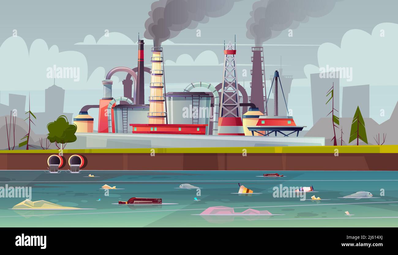 Vector background with environmental pollution. Factory plant smokes ...