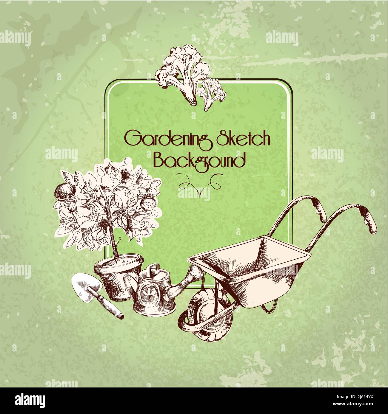 Gardening poster with sketch vegetables growing tools on textured ...