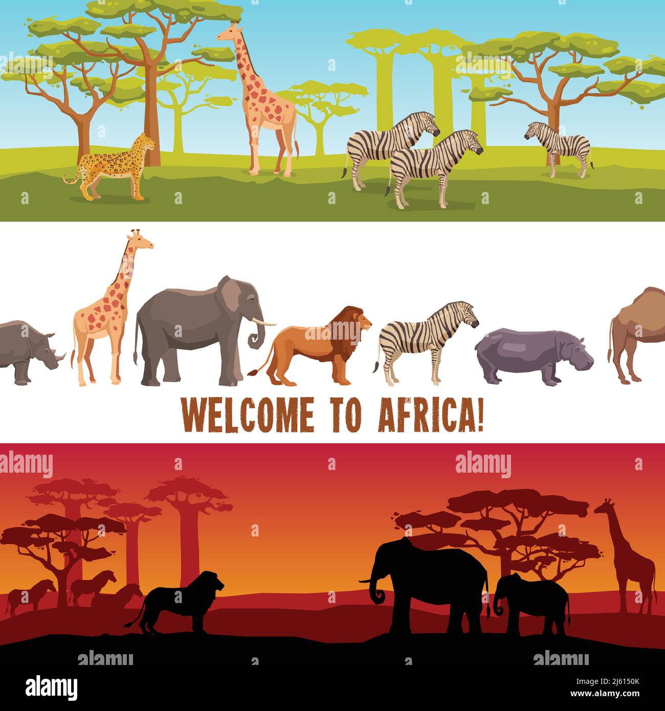 Horizontal colorful African animals with trees banners set isolated ...