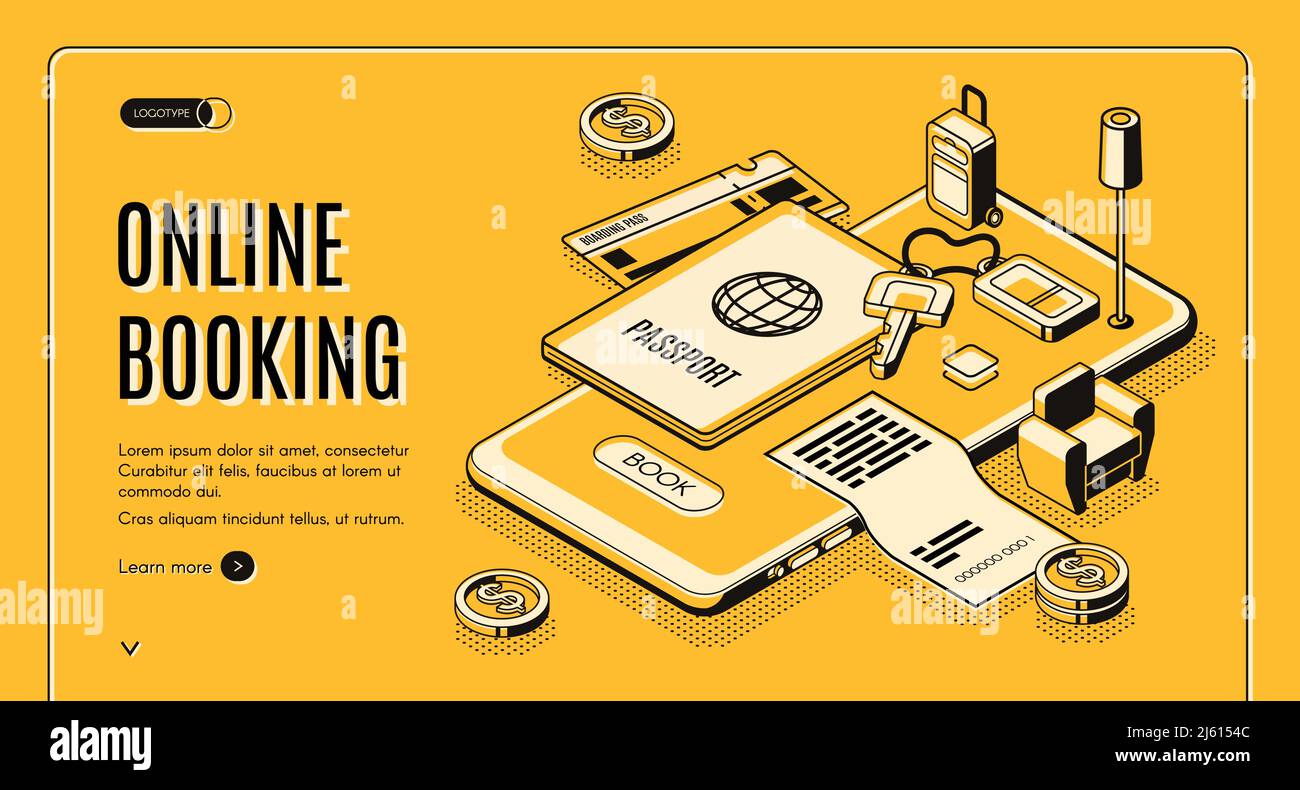Booking tickets, reserving hotel room online service isometric vector ...