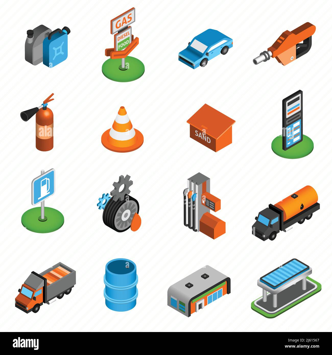 Gas diesel station isometric icons collection of fuel pump nozzle and ...