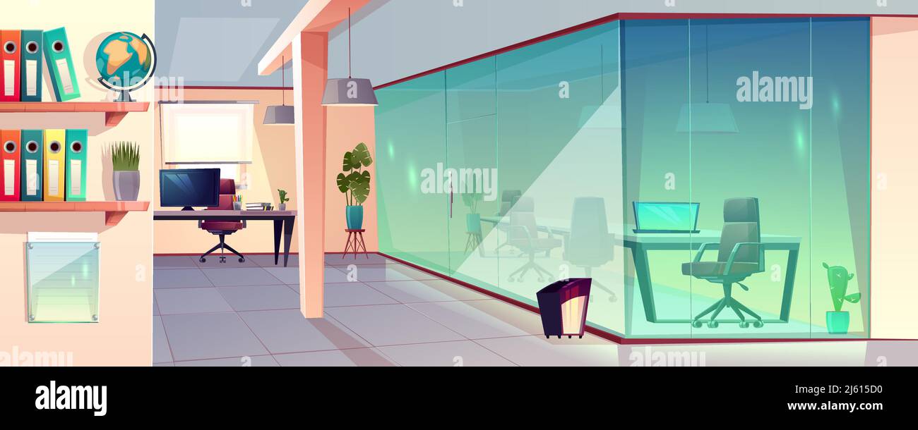 Vector cartoon illustration of bright office, modern workplace with ...