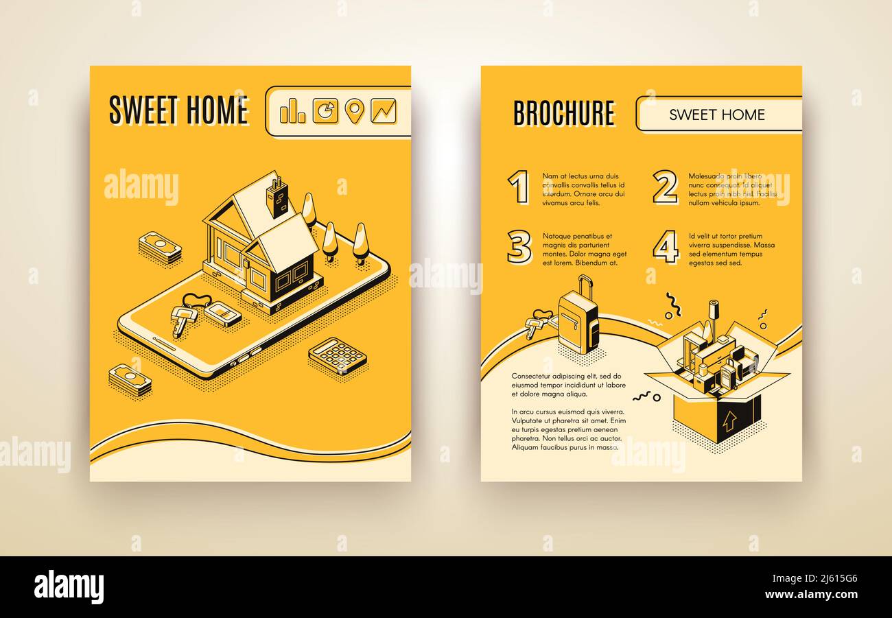 Vector brochure template with 3d isometric house moving - travelling by ...