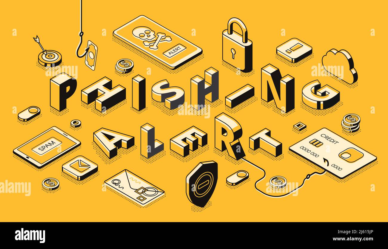 Phishing alert isometric vector banner. Most common fraudulent methods ...