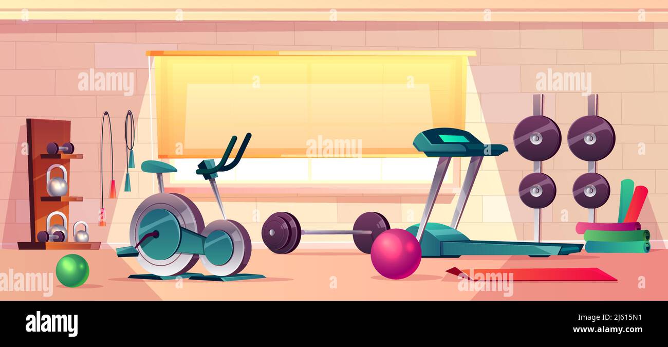 Vector cartoon background of gym with big window. Spacious place with ...
