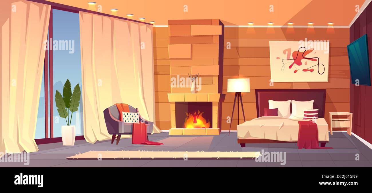 Vector cartoon interior of cozy hotel bedroom with furniture - double ...