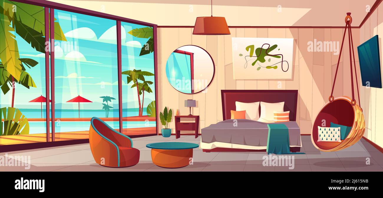 Vector cartoon interior of cozy hotel bedroom with furniture - double ...