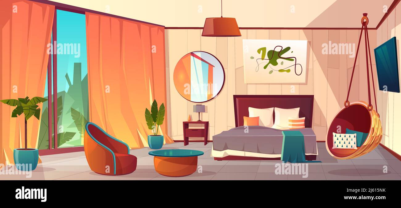 Vector Cartoon Interior Of Cozy Hotel Bedroom With Furniture Double