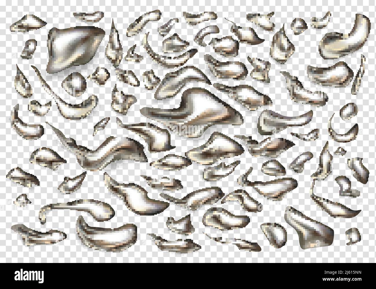 Various size and shape liquid metal, precious alloy, melted silver ...