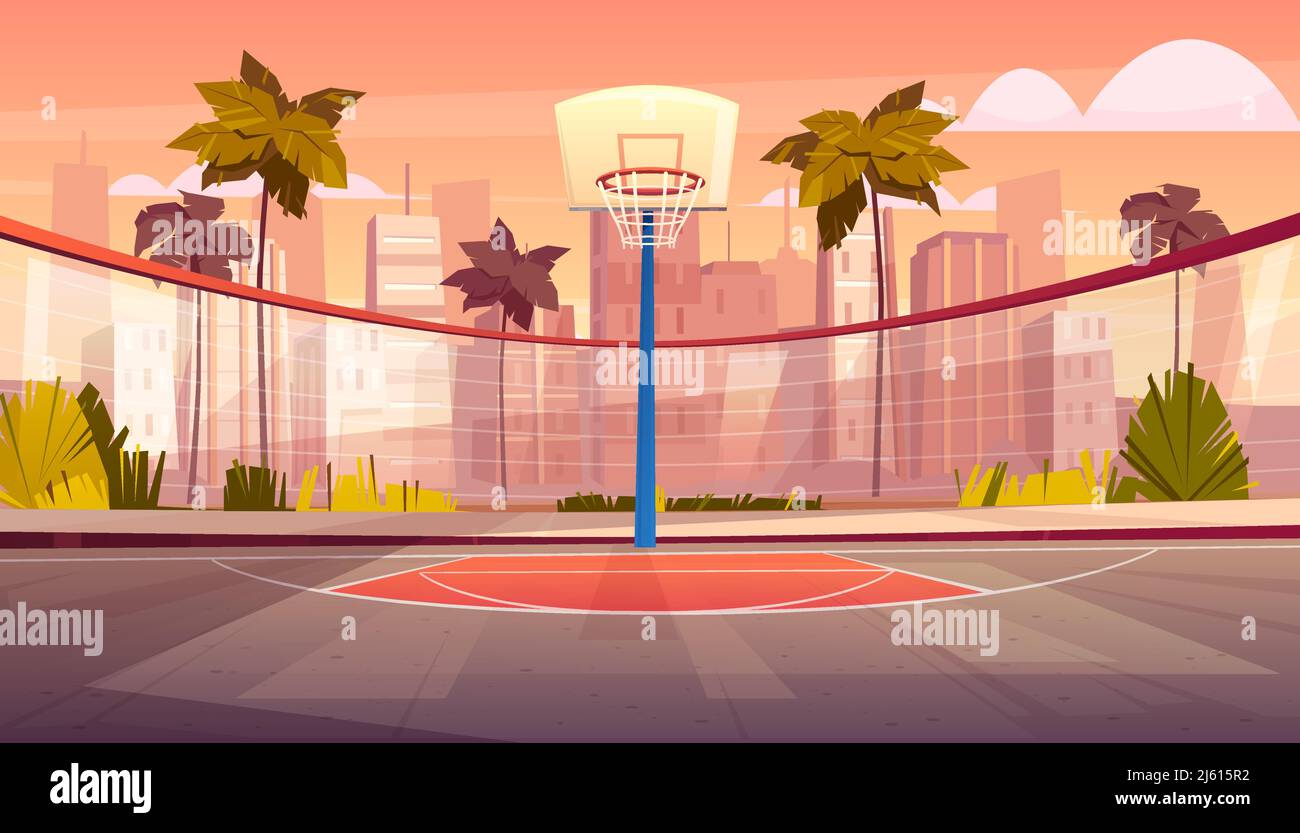 Vector cartoon background of basketball court in tropic city. Outdoor ...