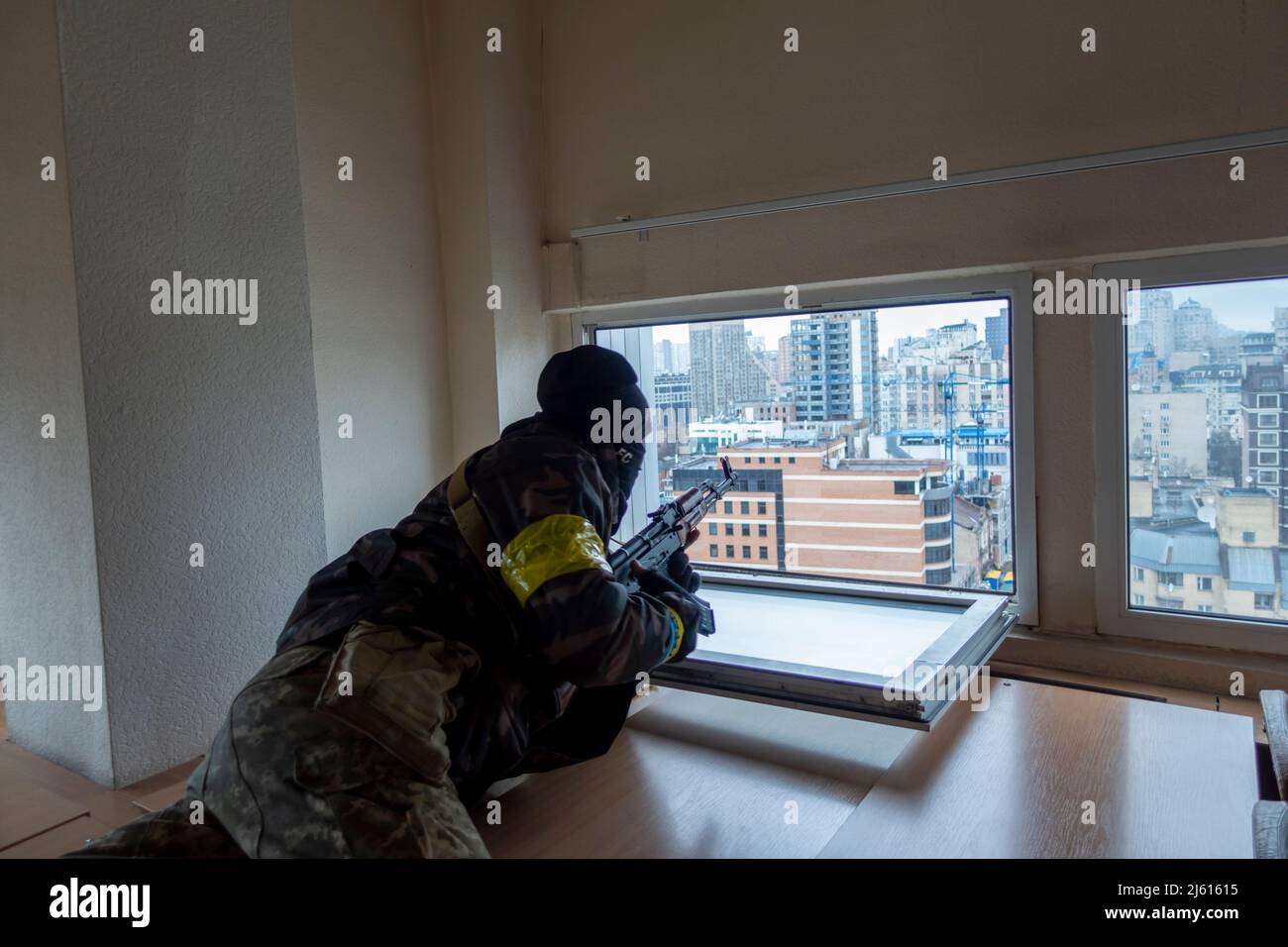 KYIV, UKRAINE 02 March. A member of the Kyiv defense battalion takes ...