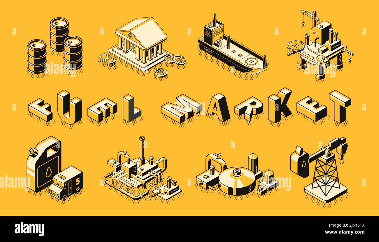 Fuel market isometric vector banner. Petroleum and gasoline ...