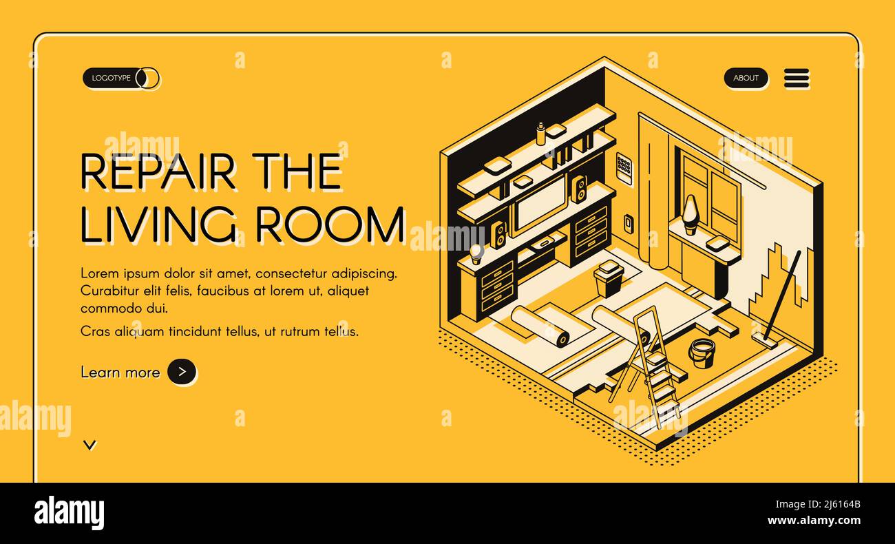 House repair service isometric vector web banner. Home living room on ...