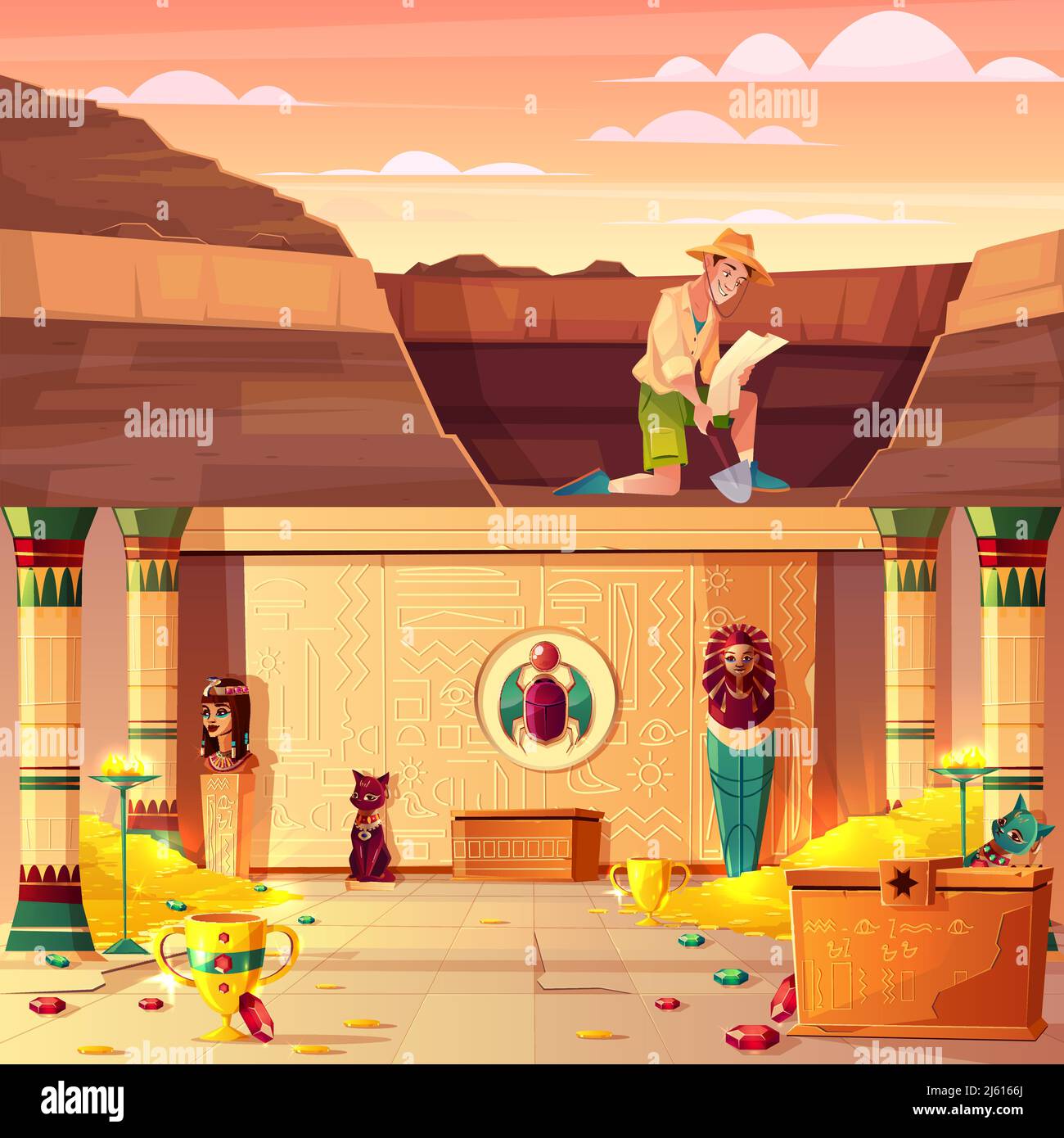 Archeology excavations, treasure hunting cartoon vector concept with ...