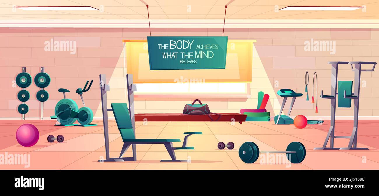 Sport club gym spacious interior cartoon vector with various fitness ...